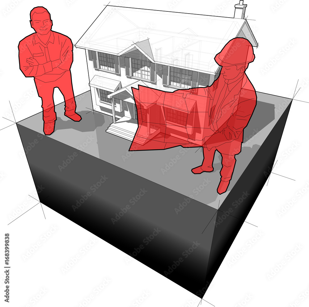 diagram of a classic colonial house and architect and happy smiling man ...
