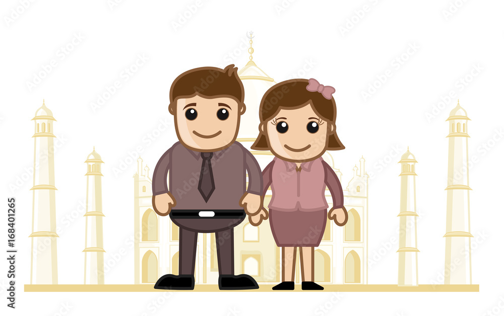Cartoon Young Couple visiting Taj Mahal Stock Vector | Adobe Stock