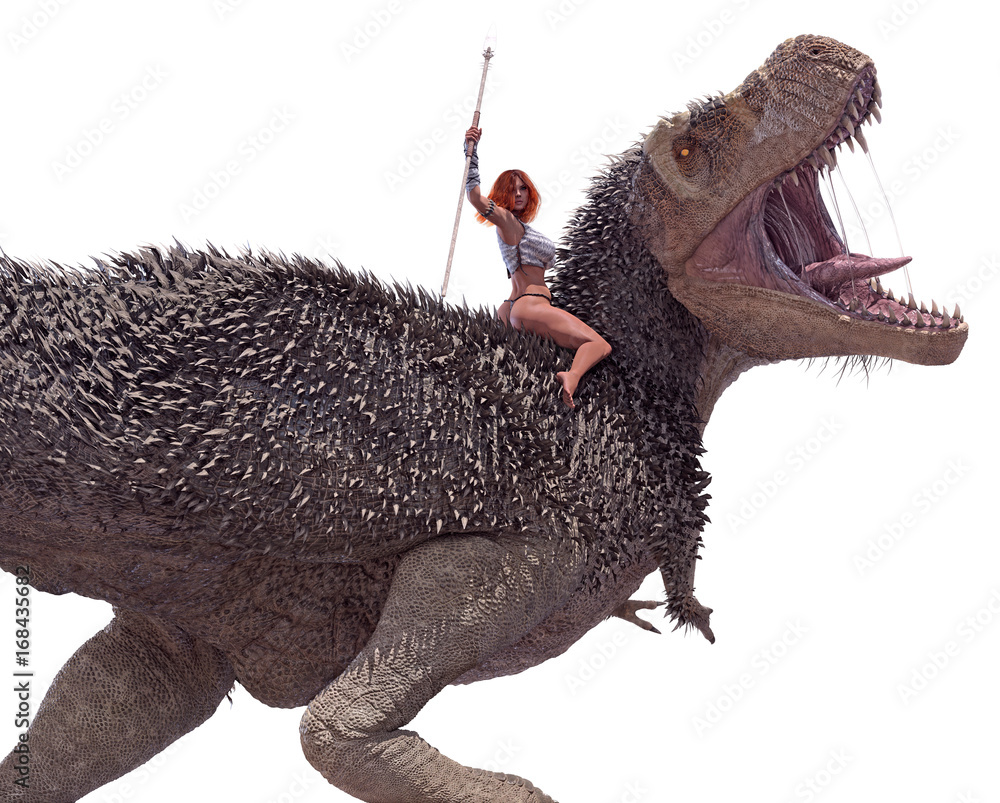 3D rendering of a primitive cave woman riding a feathered Tyrannosaurus ...