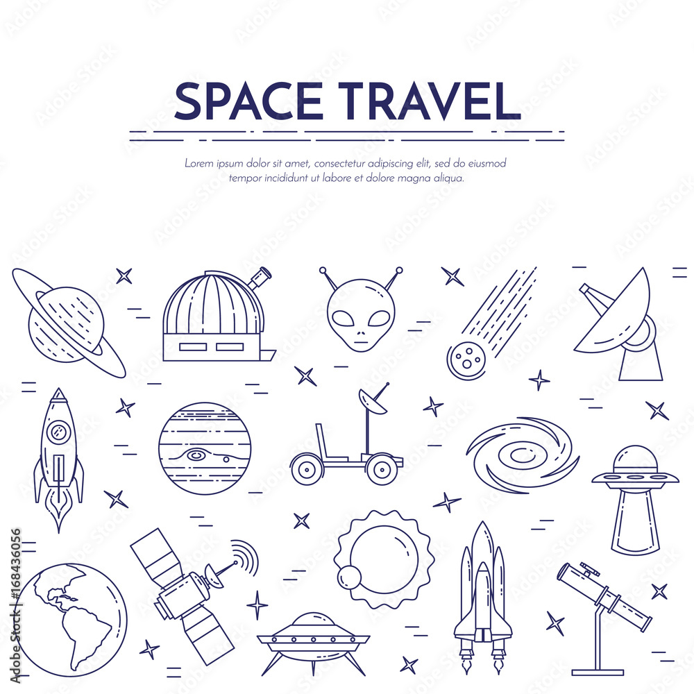 Space travel line banner. Set of elements of planets, space ships, ufo ...