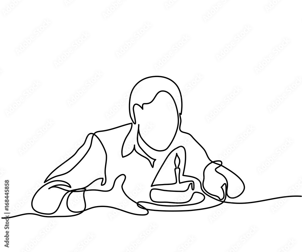 Man holding birthday cake with candle. Continuous line drawing. Vector ...