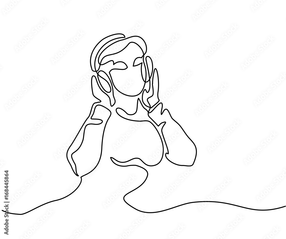 Woman listening to music on headphones. Continuous line drawing. Vector ...