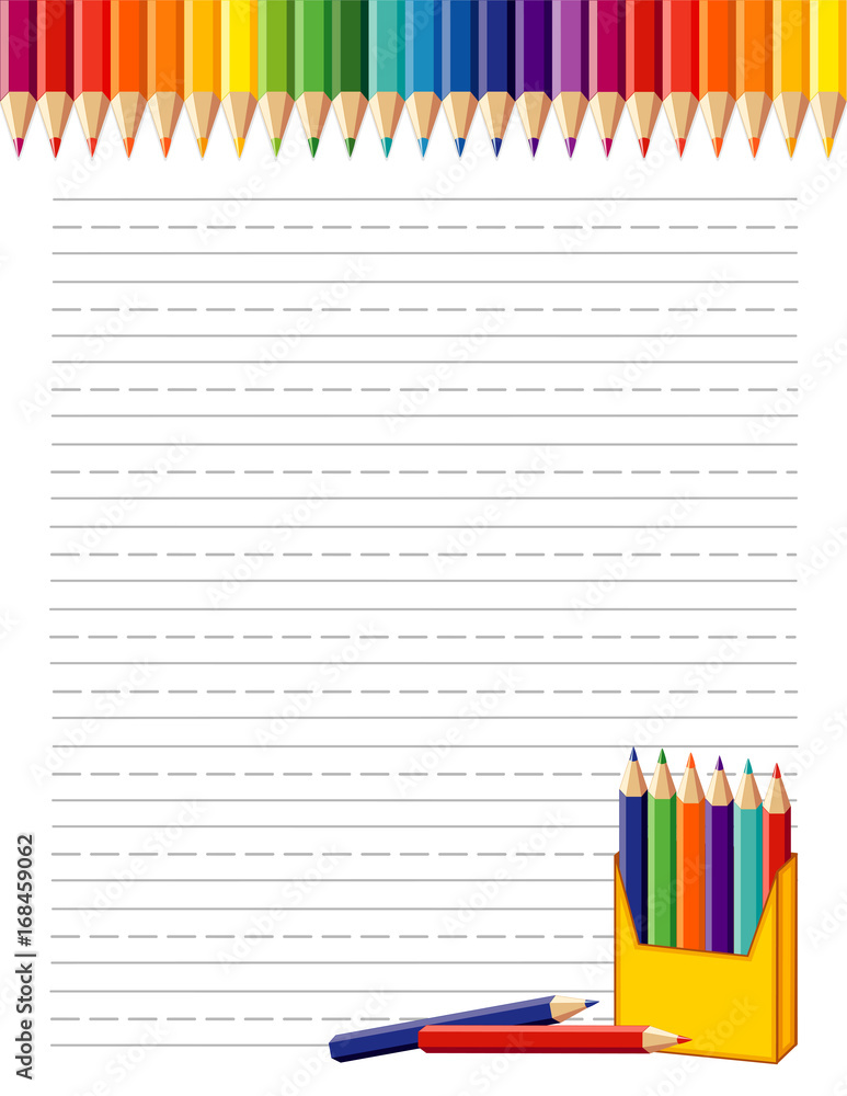 School poster, rainbow border, box of colored pencils. Copy space with ...