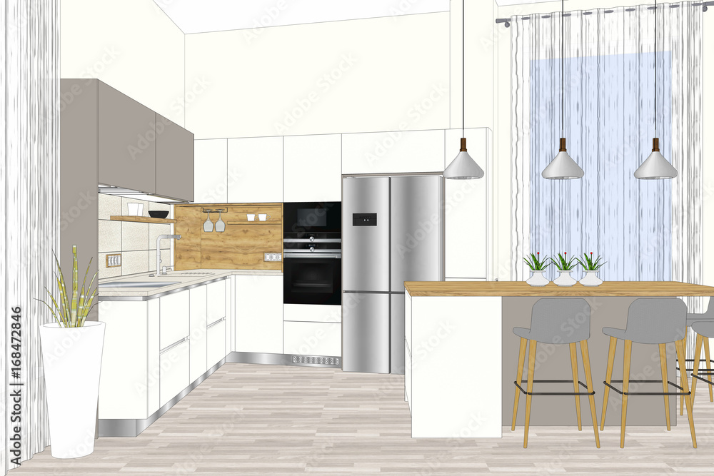 3D illustration. Modern kitchen design in light interior. Kitchen ...