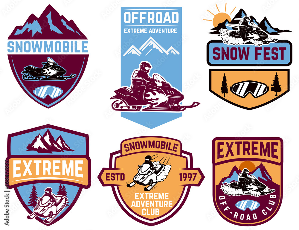 Set of snowmobile emblems isolated on white background. Design element ...