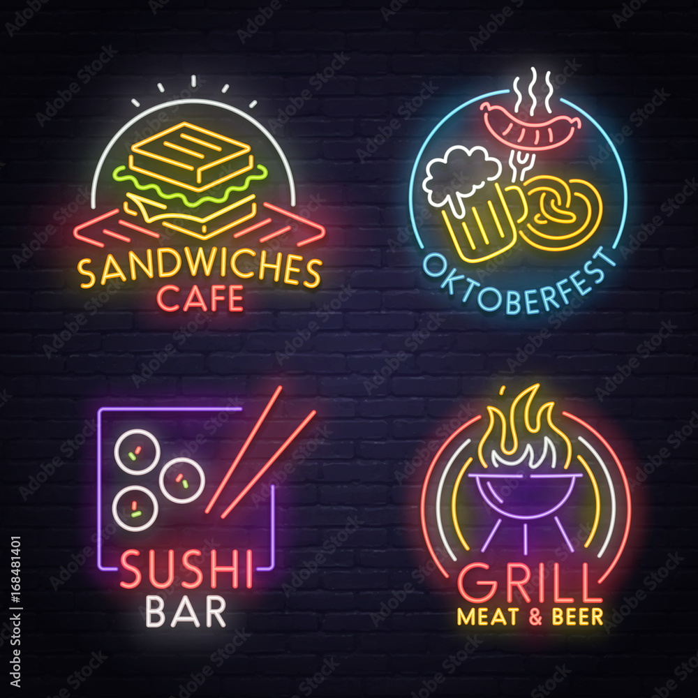 Set neon sign theme food and drink. bright signboard, light banner ...
