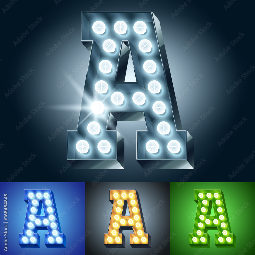 Vector light up neon alphabet. Set of different color lamp graphic font ...