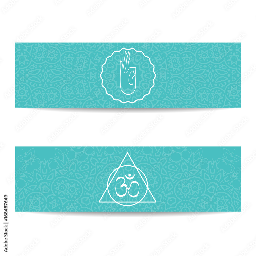 Yoga studio template. Set of horizontal turquoise flyers with chakra ...