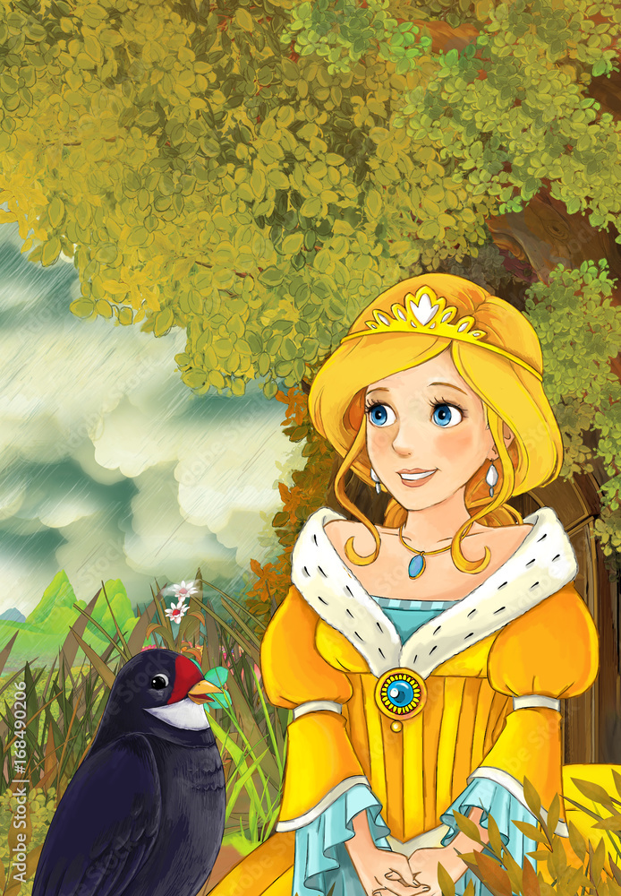 Cartoon fairy tale scene with a young girl princess going to the tree ...