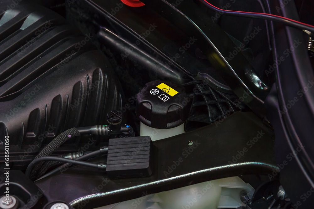Car engine brake fluid container close-up, Car maintenance and check ...