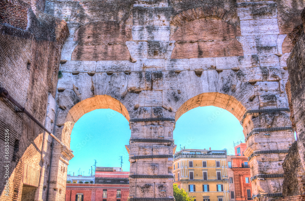 The circular arcs of Colosseum, Flavian Amphitheatre, in Rome, Italy ...