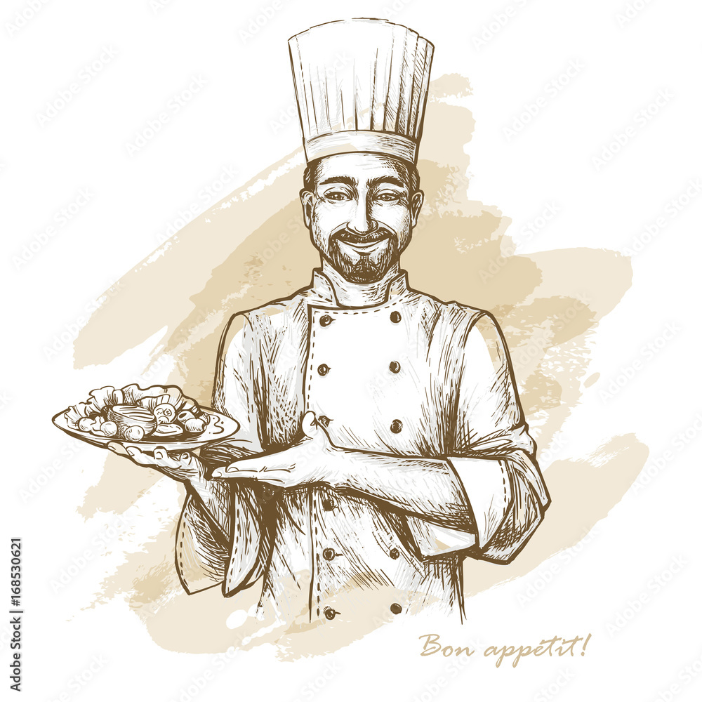 Smiling and happy chef with plate. Vector hand drawn illustration on ...
