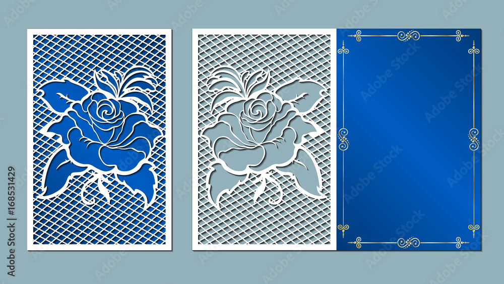 laser, cut, card, roses, cutting, template, wedding, vector, paper ...