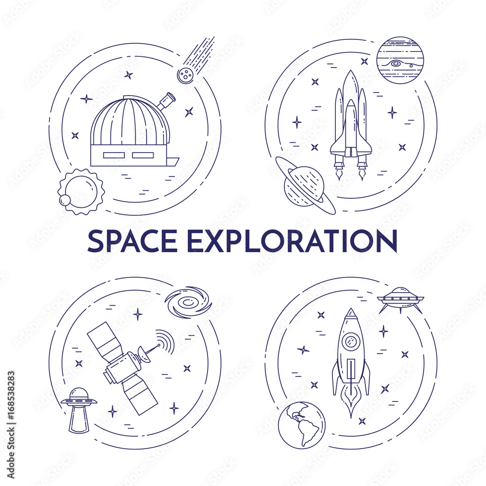 Space travel line banner. Set of elements of planets, space ships, ufo ...