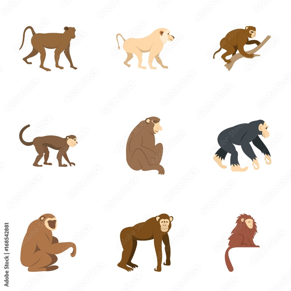 Monkey icon set, flat style Stock Vector | Adobe Stock