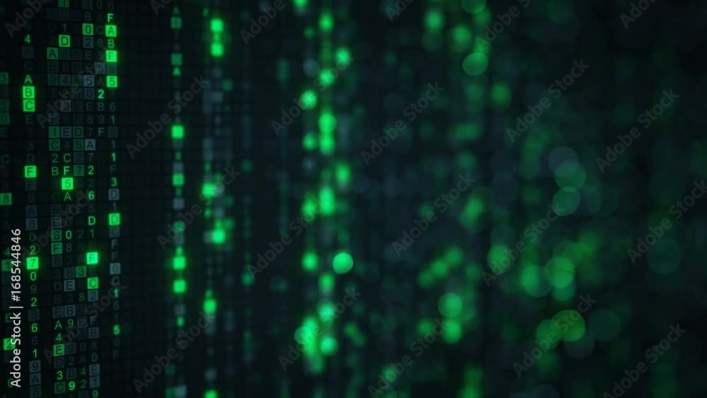 Green matrix rain of digital HEX code and bokeh on computer screen ...