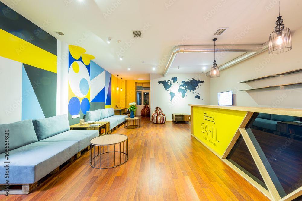 Hotel reception of hostel dormitory Stock Photo | Adobe Stock