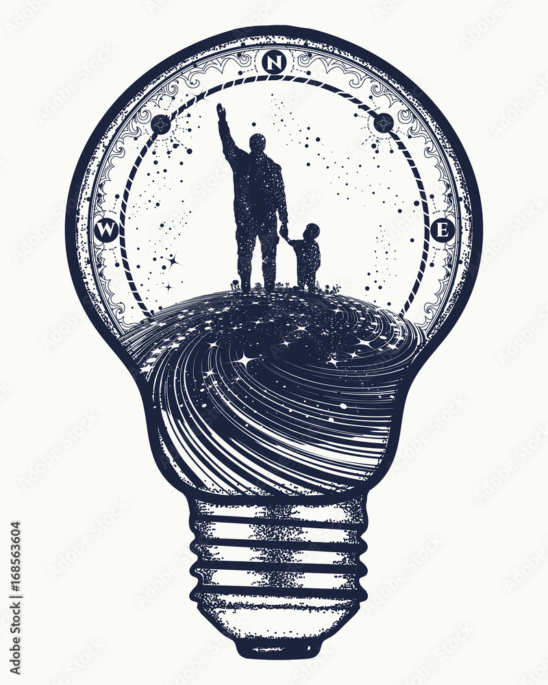 Father and son in lightbulb, surreal tattoo art. Happy family of the ...