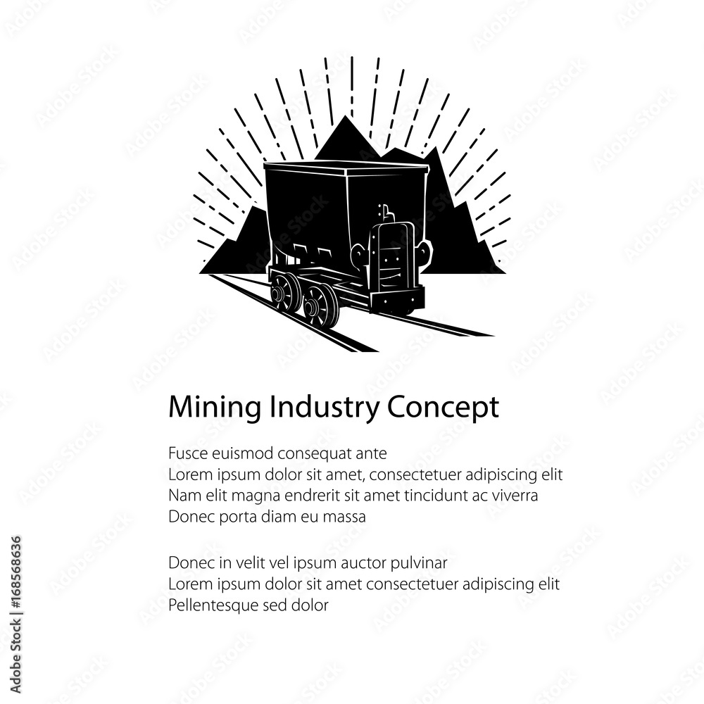 Mountain Mine Poster , Coal Mine Trolley against Mountains and Sunburst ...