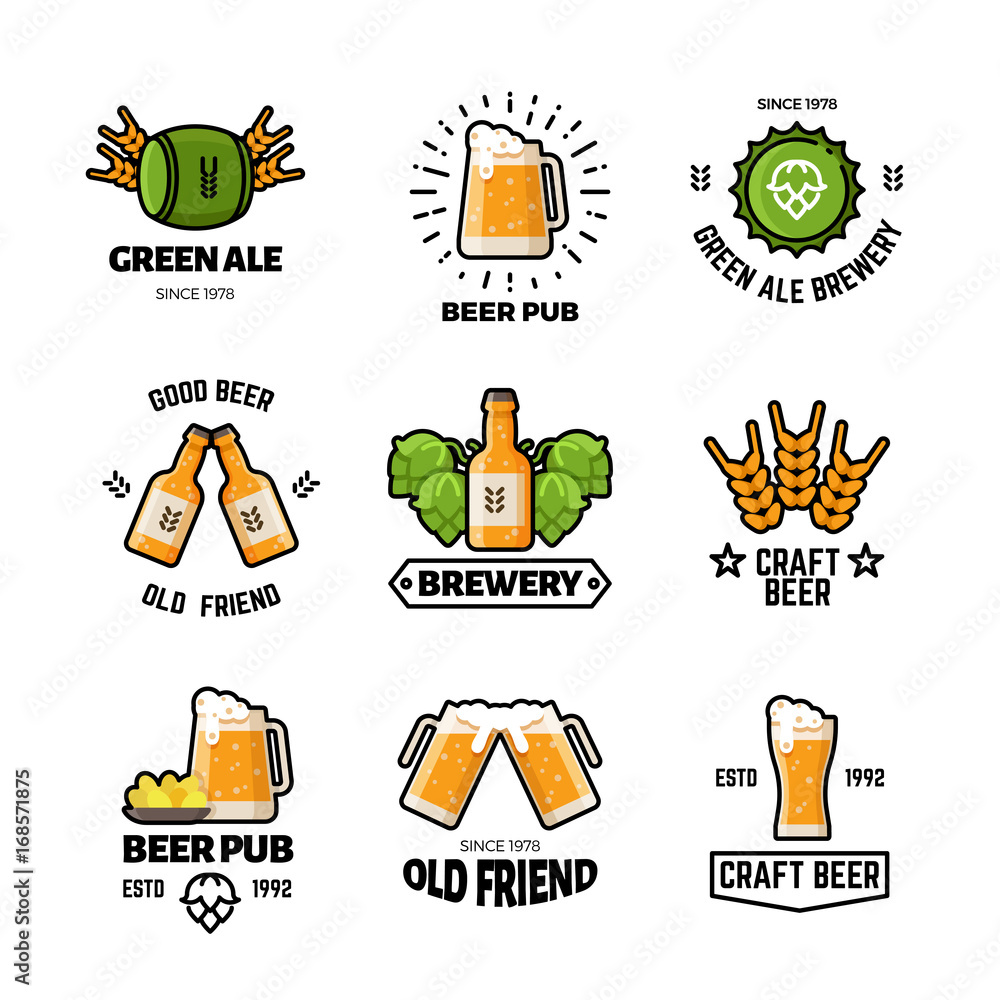 Beer pub vector logos and emblems. Brewery and brewing business vintage ...