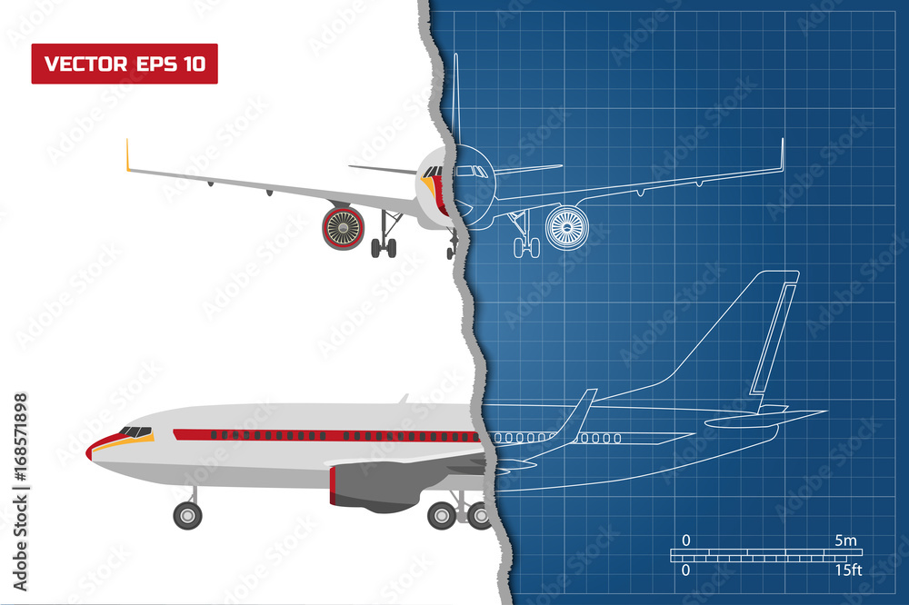 Outline drawing of plane on a blue background. Industrial blueprint of ...