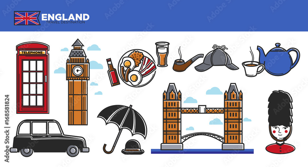 England travel destination promotional poster with national symbols ...