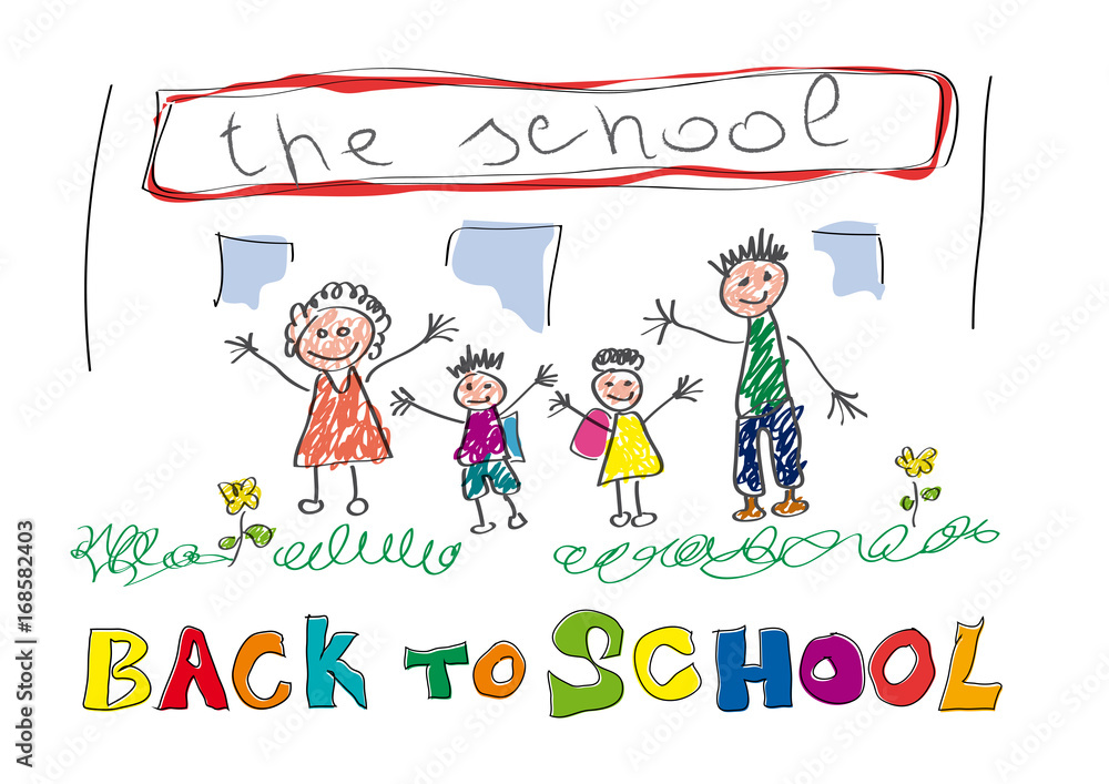 Back to school. Vector drawing made by a child, happy children and ...