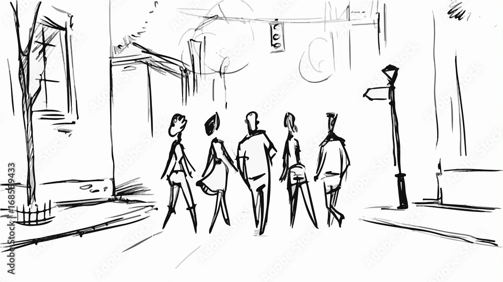 Group of people walking on a street. City life Vector sketch for ...