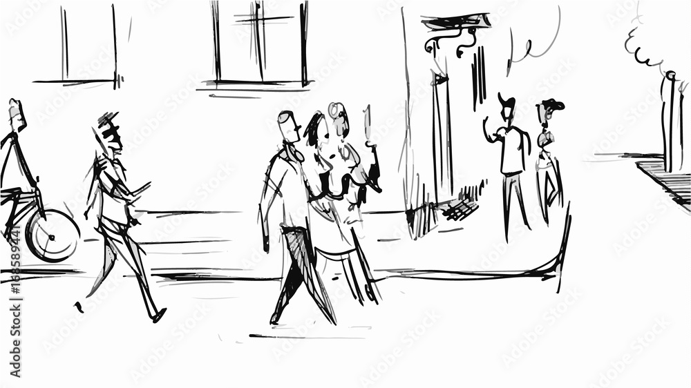 Group of people walking on a street. City life Vector sketch for ...