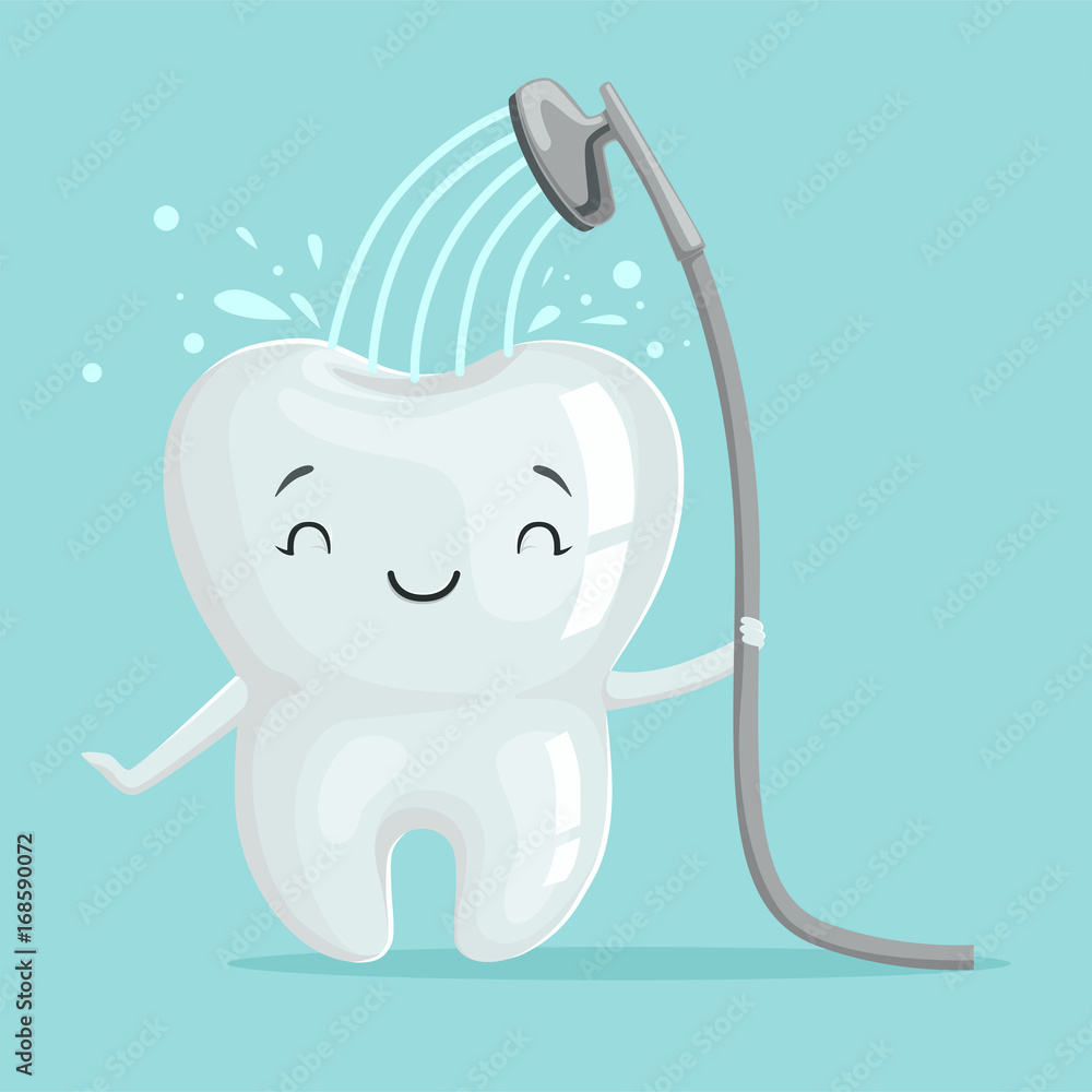 Cute smiling healthy white cartoon tooth character taking a shower ...