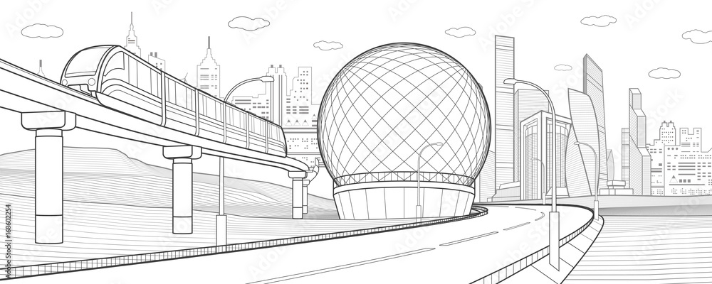 City infrastructure and transport illustration. Monorail railway. Train ...