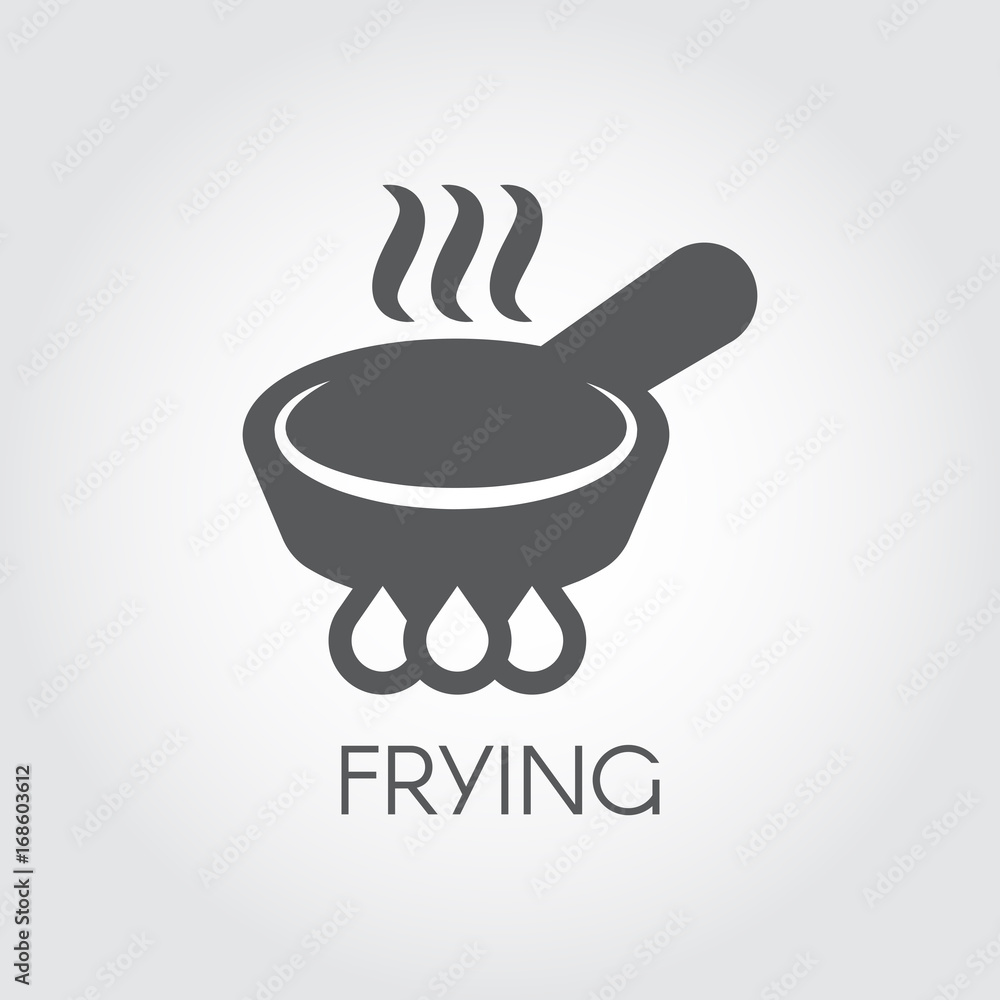 Vetor de Icon of frying pan with steam on lit burner. Black graphic ...