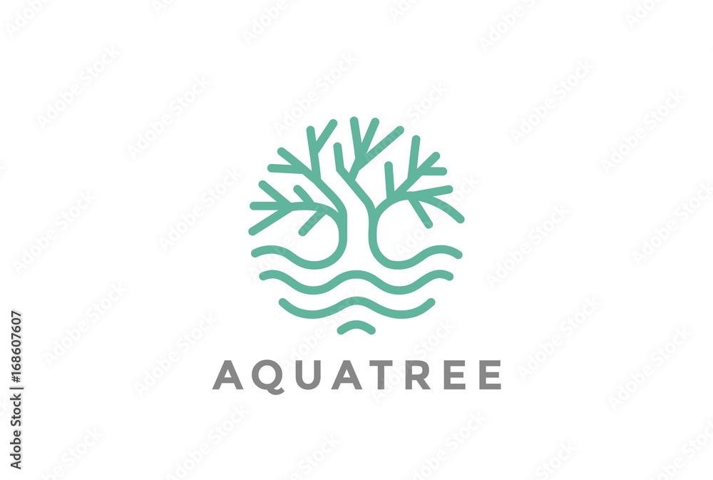 Green Tree water Logo Linear. Garden nature Forest icon circle Stock ...
