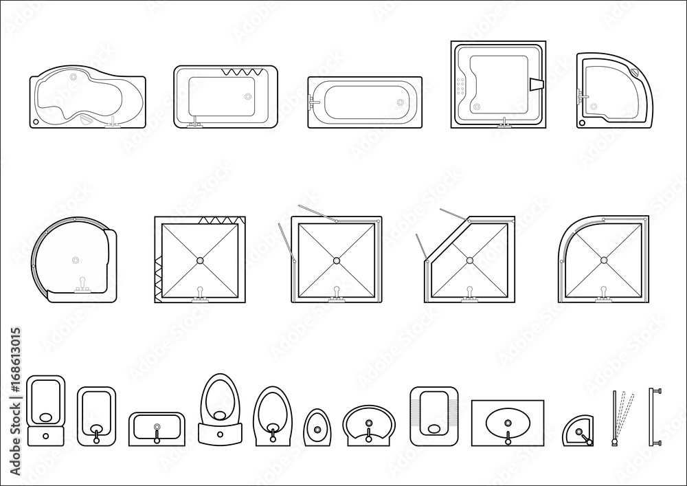 Set of icons for architectural plans. Plumbing from baths, sinks and ...