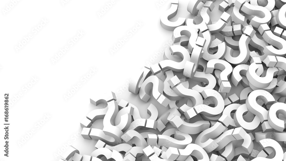 White question marks background with empty copy space on left side. 3D ...
