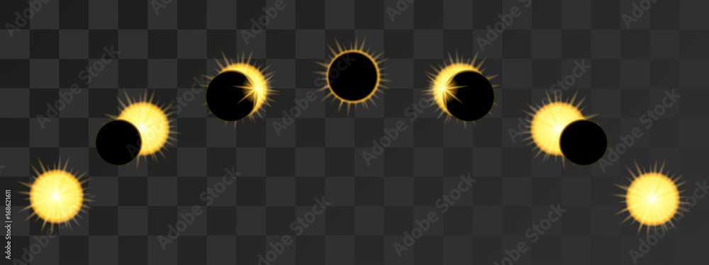 Solar Eclipse phases in dark sky. Vector illustration on transparent ...