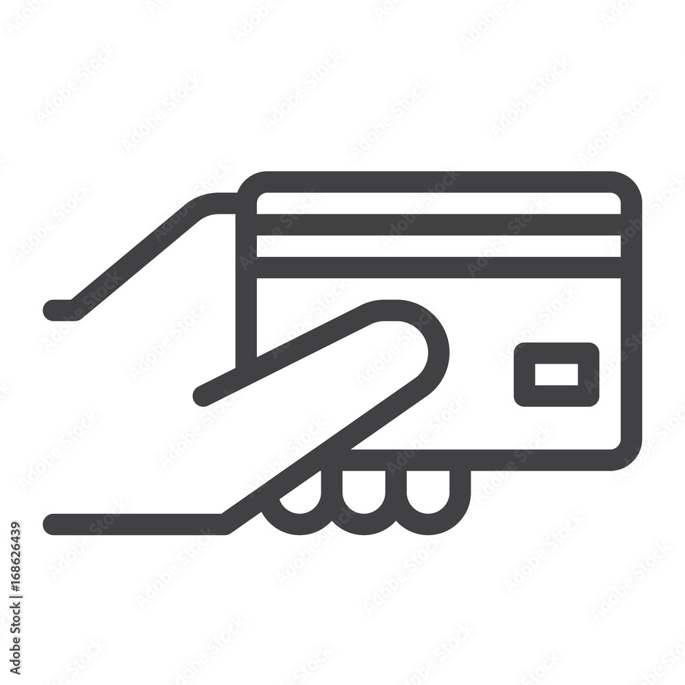 Credit card in a hand line icon, outline vector sign, linear style ...