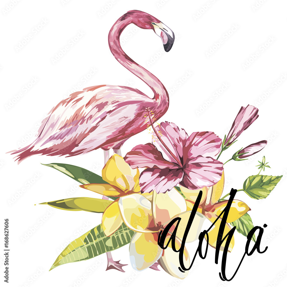 Word- Aloha. Flamingo with tropical flowers. Element for design of ...