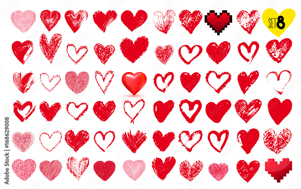 Big set of hand drawn hearts. Red color. Freehand drawing. Vector ...