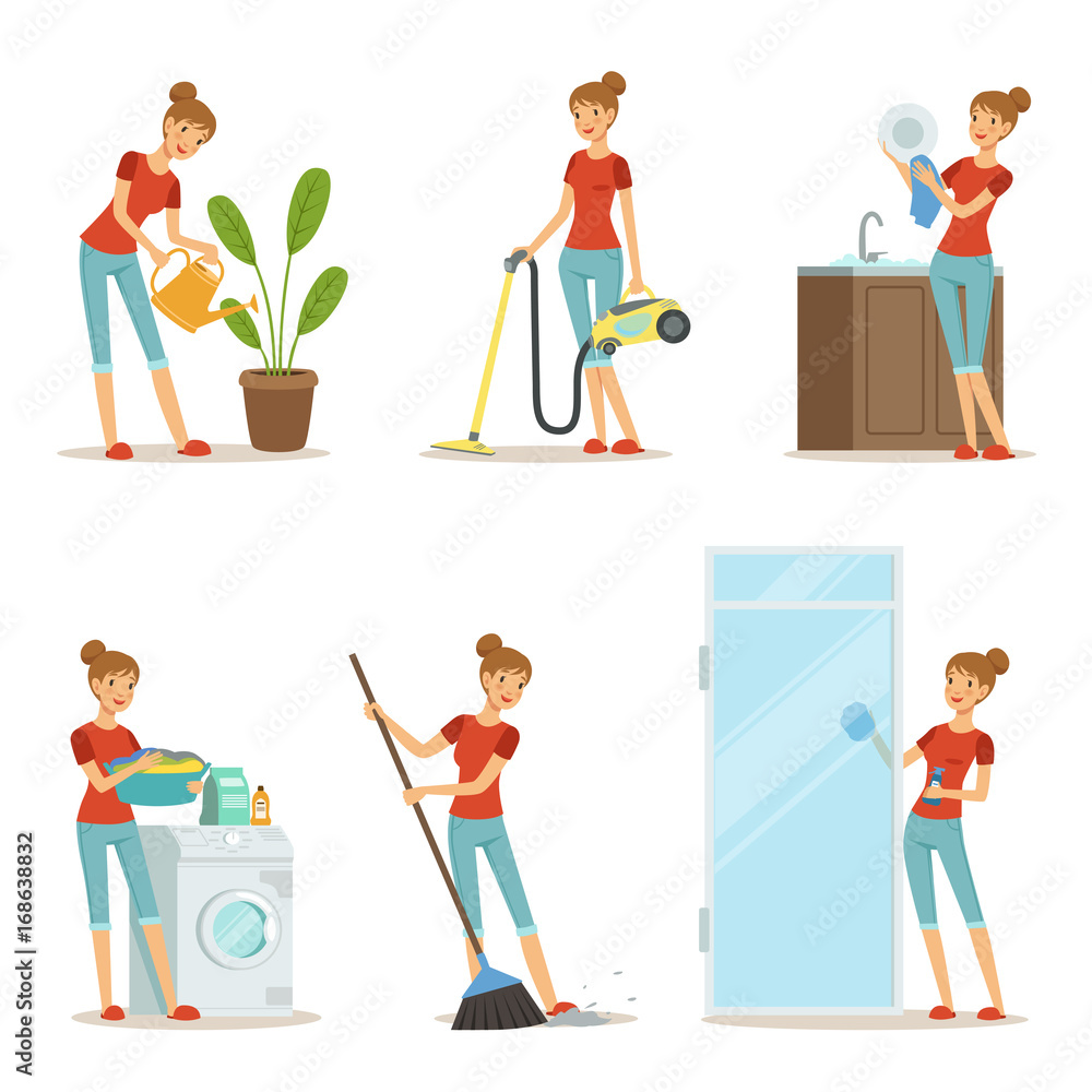 Woman making different housework. Active mother at homework. Vector ...