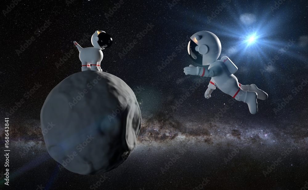 cute cartoon astronaut and space dog on asteroid in white space suits ...