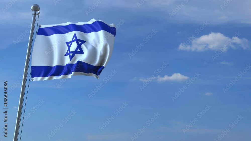 Commercial airplane landing behind waving Israeli flag. Travel to ...