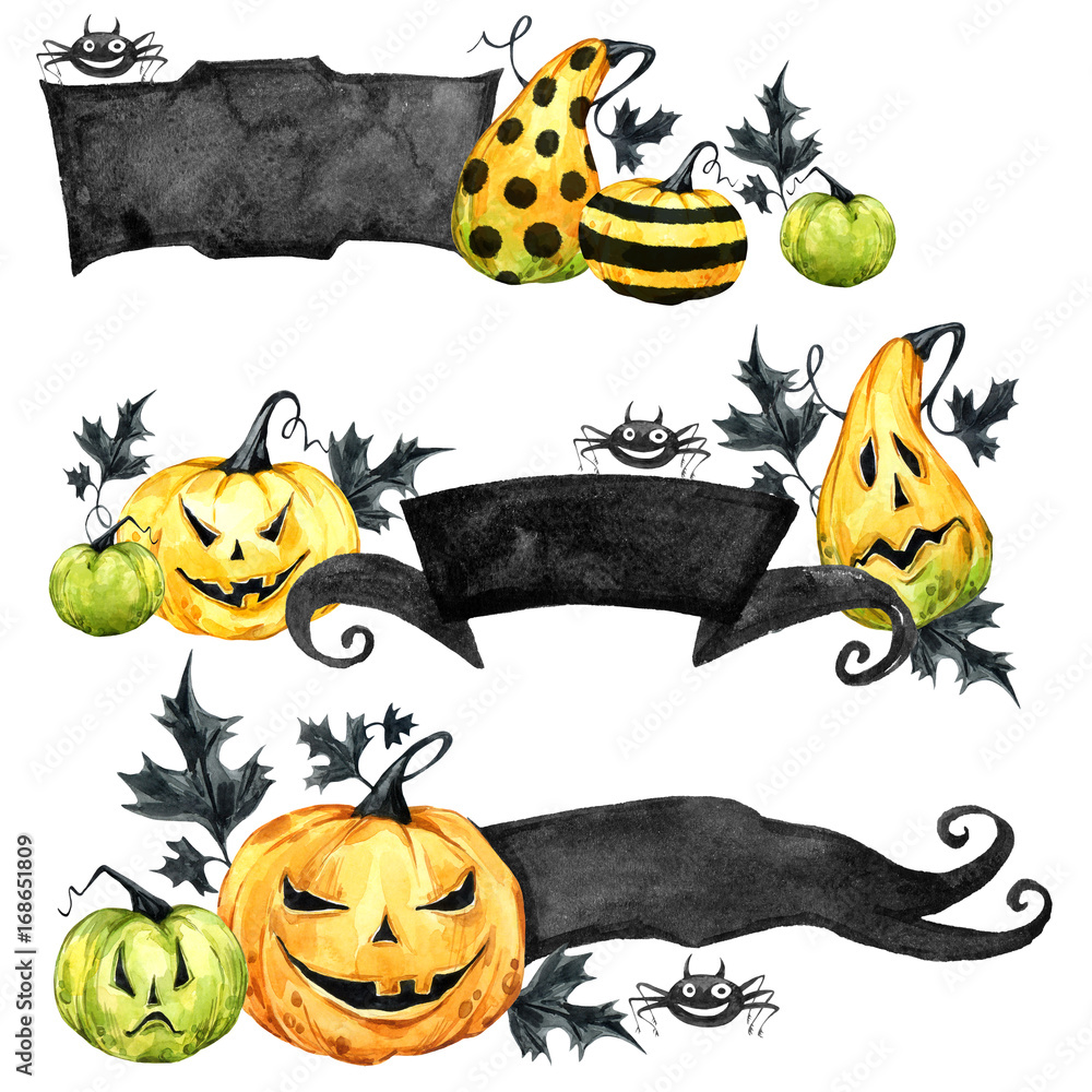 Watercolor border set, pumpkins with leaves. Halloween holiday ...