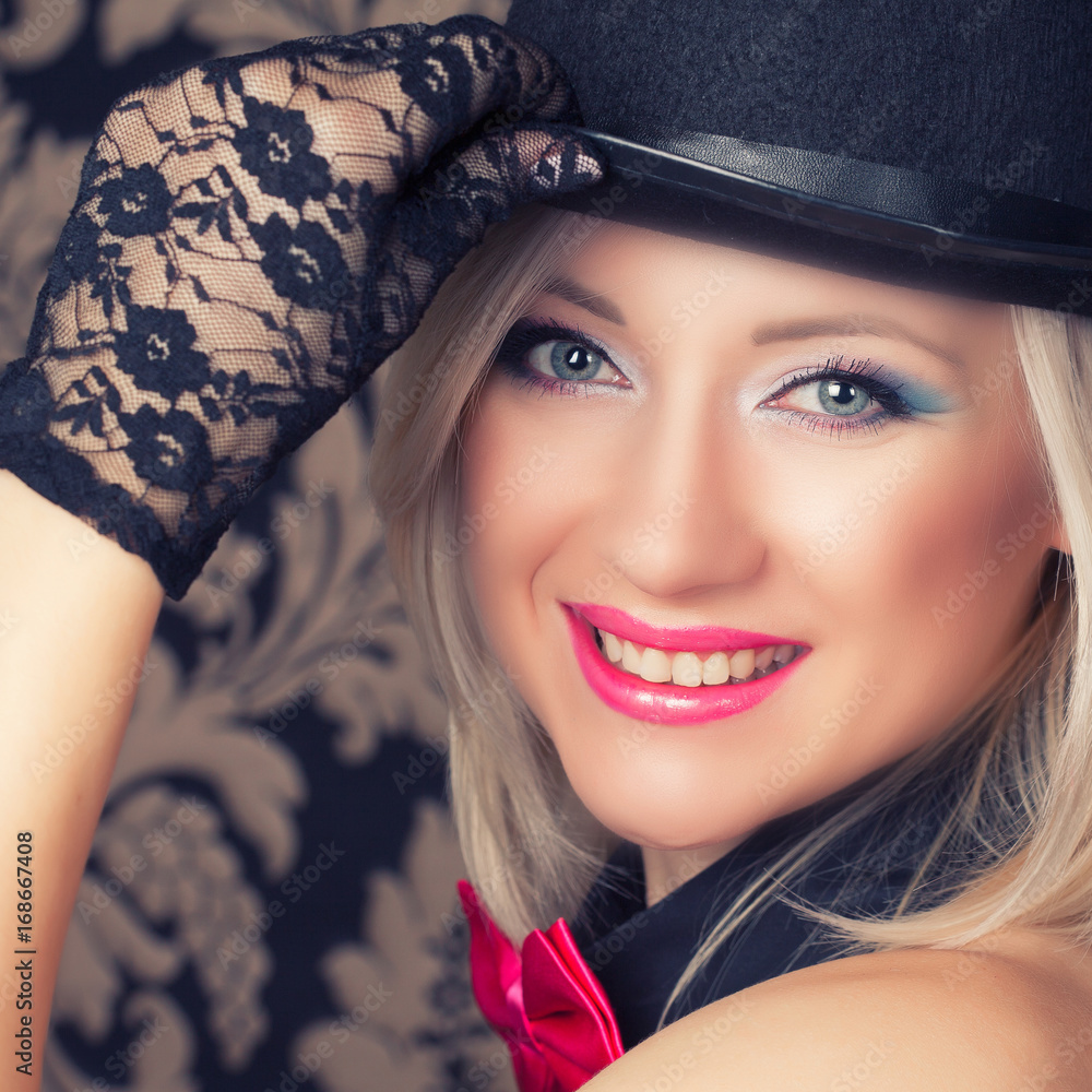 beautiful cabaret woman posing against retro wallpapers Stock Photo ...