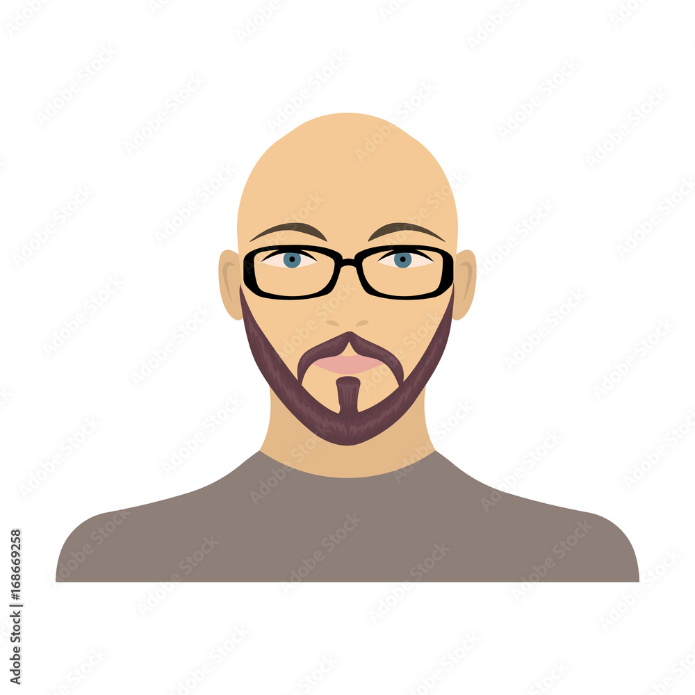 The face of a bald man with glasses, with a beard and mustache. The ...