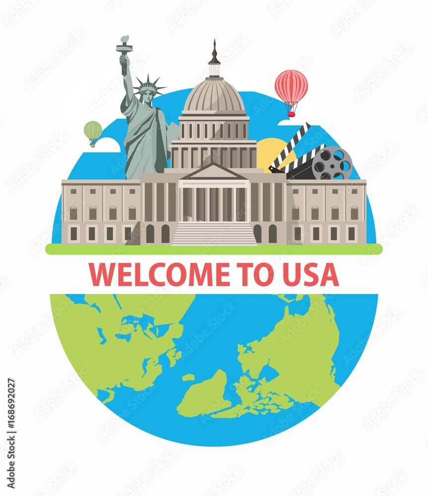 Welcome to USA travel poster for America tourism landmarks attractions ...