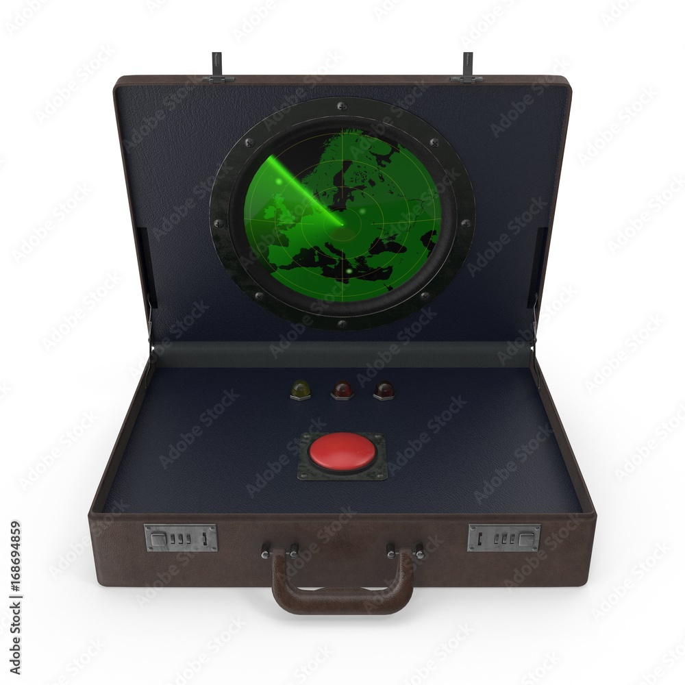 3D rendering of briefcase with built-in radar and red button, isolated ...