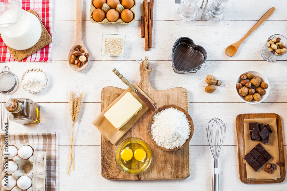 Baking ingredients in rural kitchen - dough recipe ingredients (eggs ...