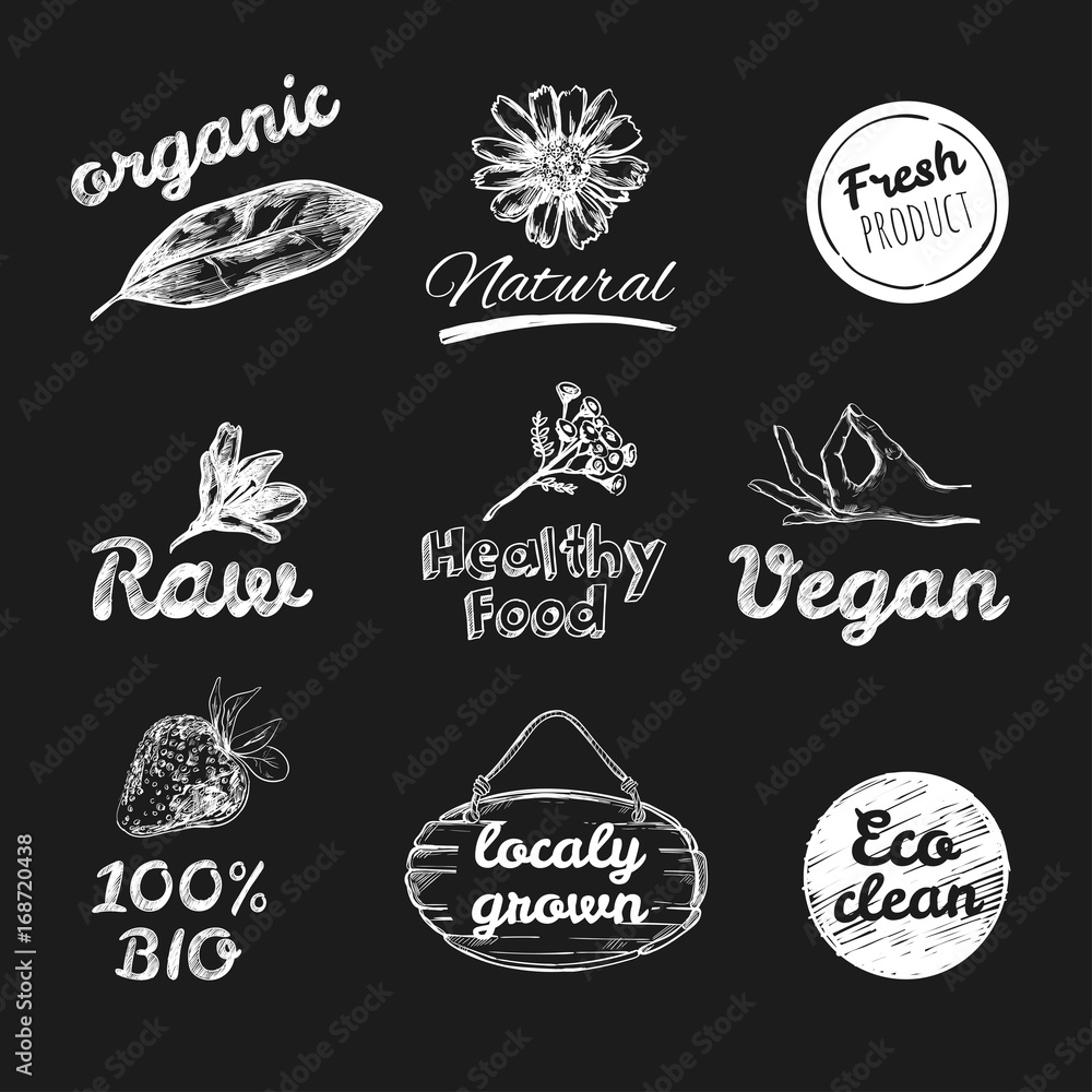 Vector hand drawn logos. Healthy eat logotypes set. Vegan, natural food ...