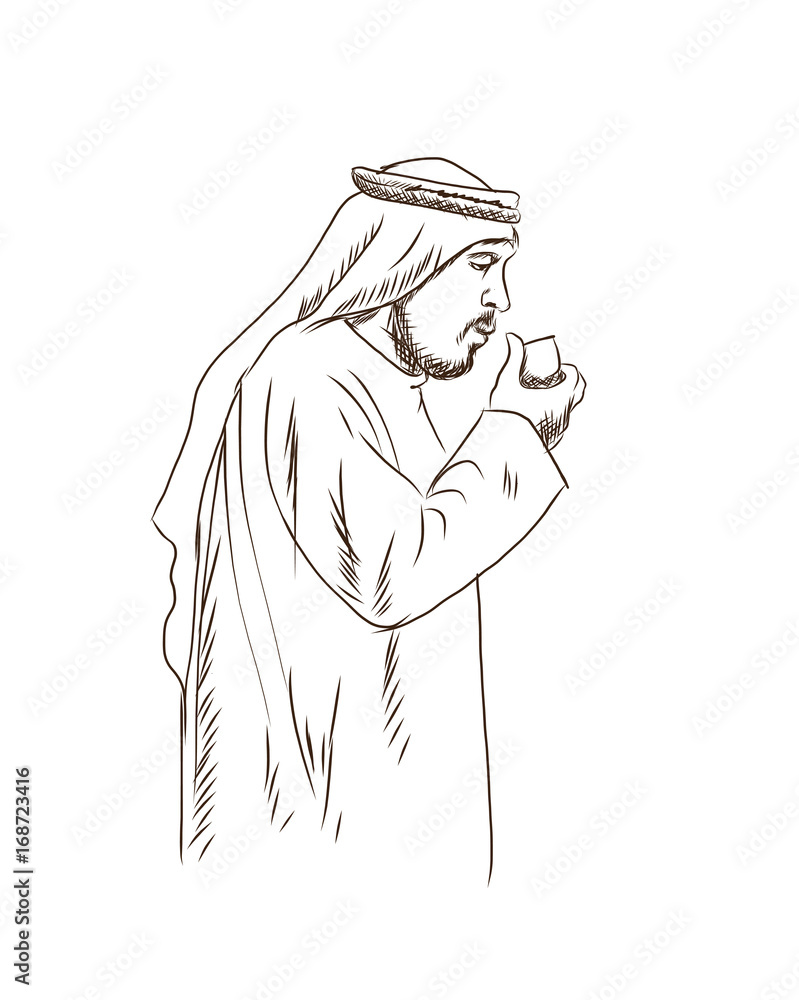 Sketch of Arab man drinking tea in vector illustration. Stock Vector ...